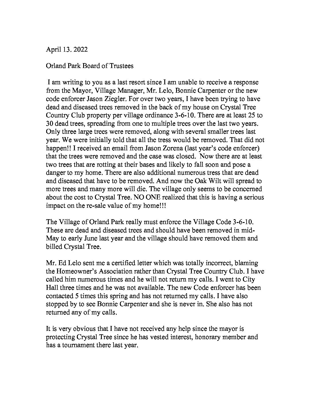 05-20-23 Peiss letter to ORLAND PARK April 13. 2022 - Suburban Chicagoland